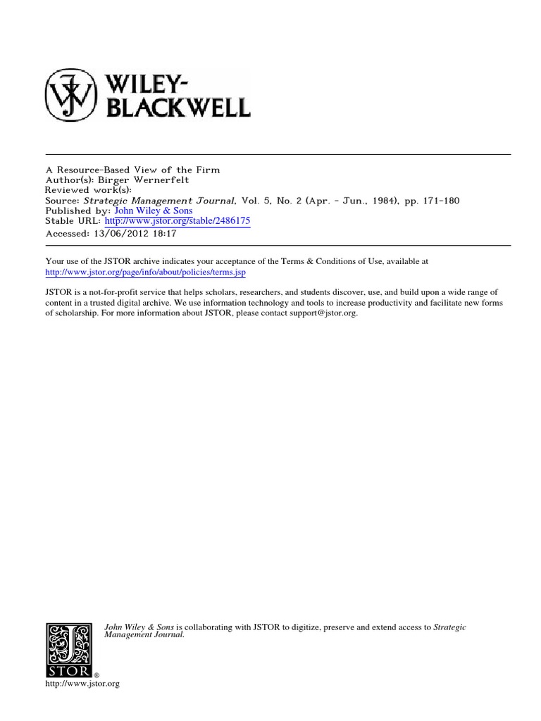 Wernerfelt (1984) A Resource-Based View of The Firm | PDF