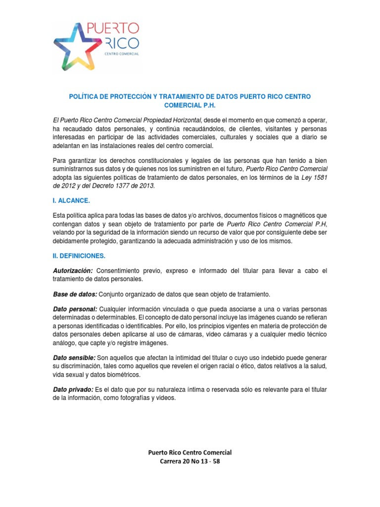 Política de Protección y Tratamiento de Datos Puerto Rico 2019 | PDF ...