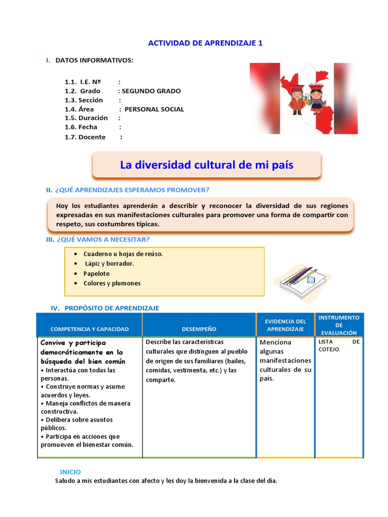D1 A2 SESION PS. La Diversidad Cultural de Mi País | PDF | Perú | Evaluación