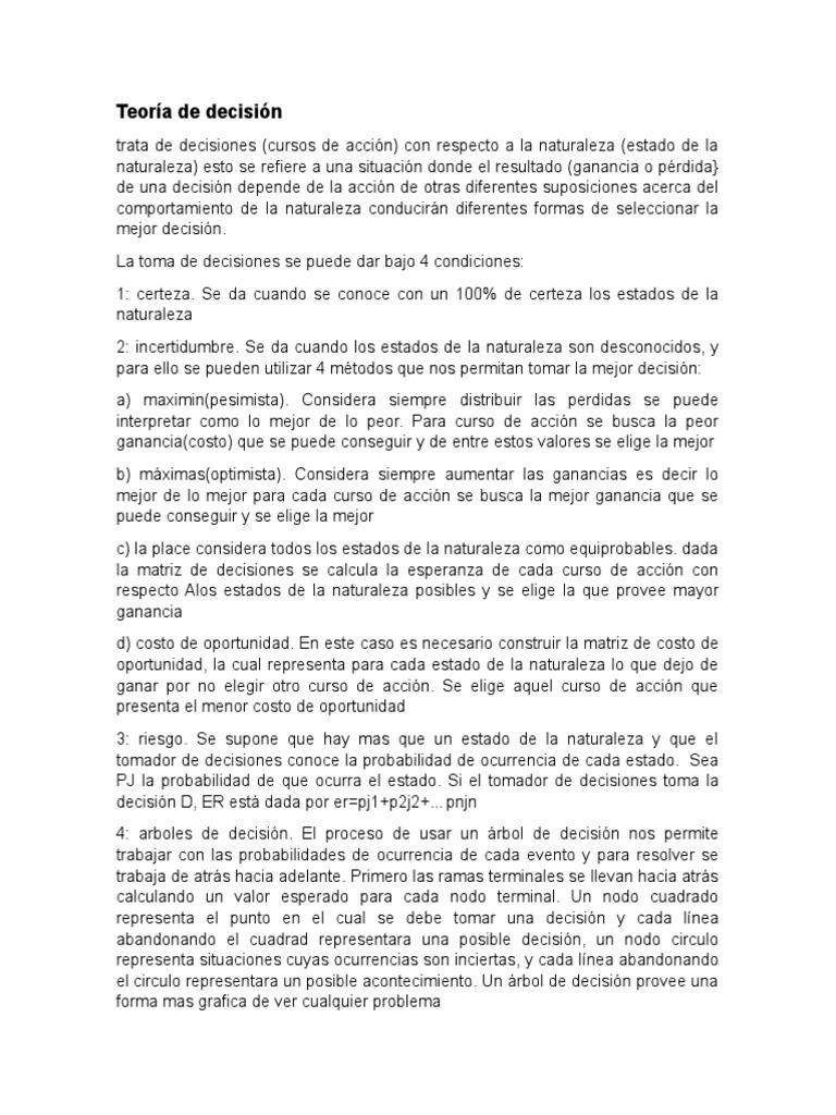 Teoría de Decisión Word | PDF | Teoría de decisiones | Naturaleza
