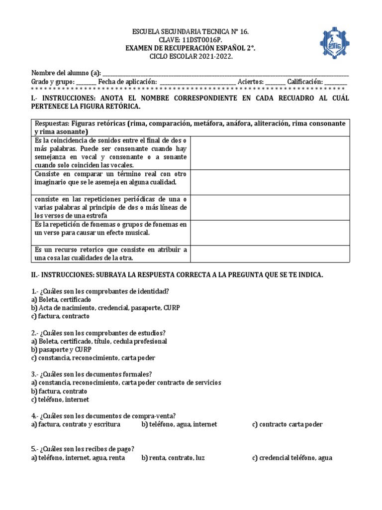 Examen Español 2° | PDF | Rima