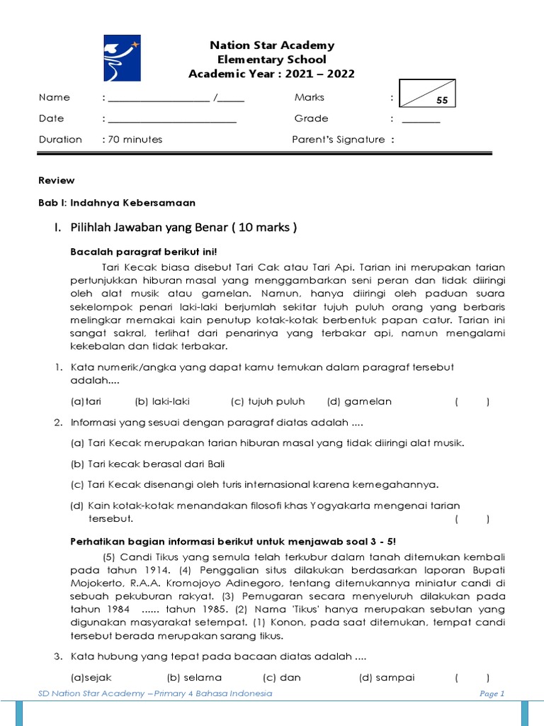 Latihan Soal Bhs Indonesia Tema 1 | PDF