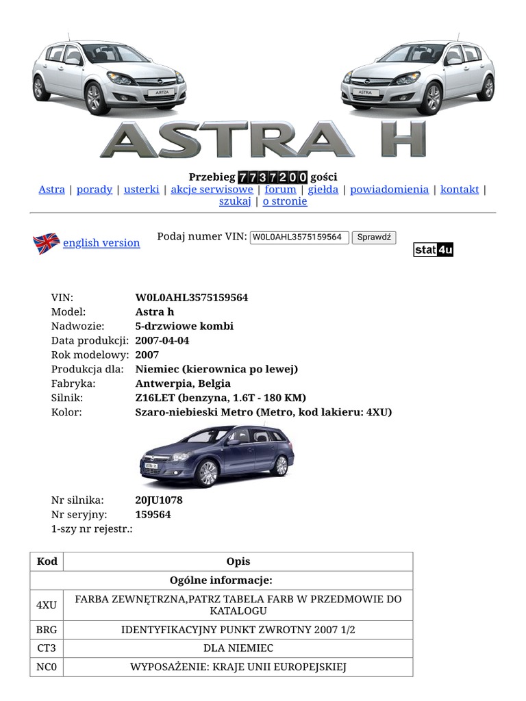 Darmowy Dekoder VIN Opel Astra 9564 | PDF