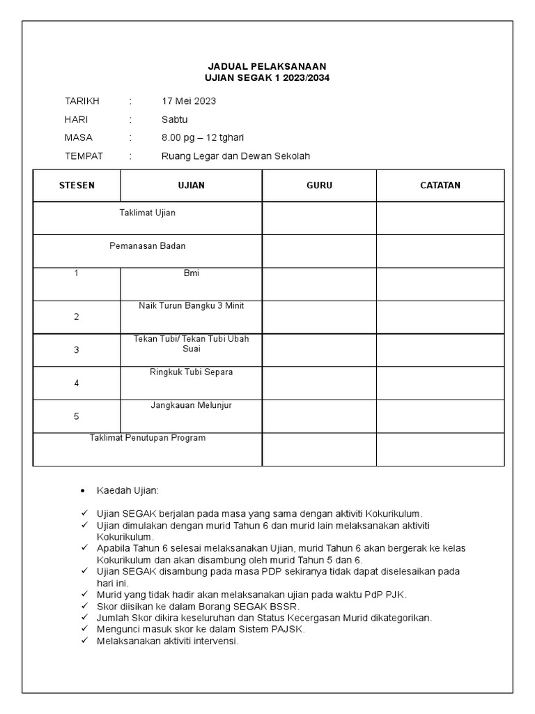 Jadual Pelaksanaan Segak 1 | PDF