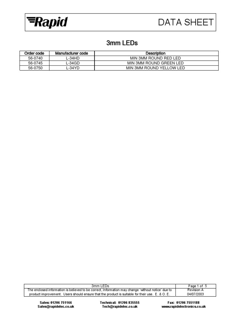 Datasheet Led 3MM | PDF | Light Emitting Diode | Electrical Components