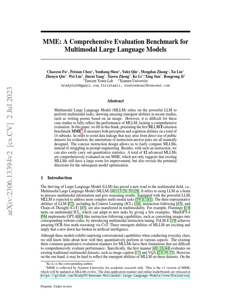 MME: A Comprehensive Evaluation Benchmark For Multimodal Large Language Models | Download Free ...