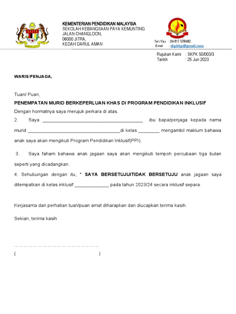 Surat Penempatan Murid Inklusif 2023 | PDF