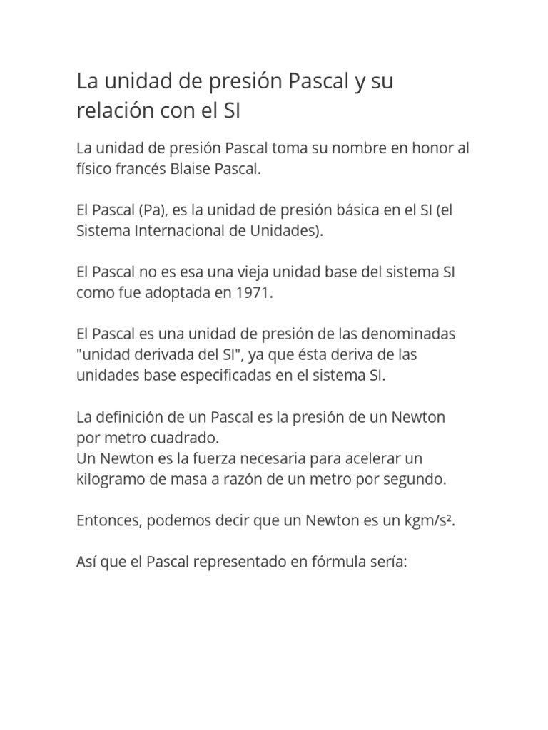 La Unidad de Presión Pascal y Su Relación Con El SI | PDF