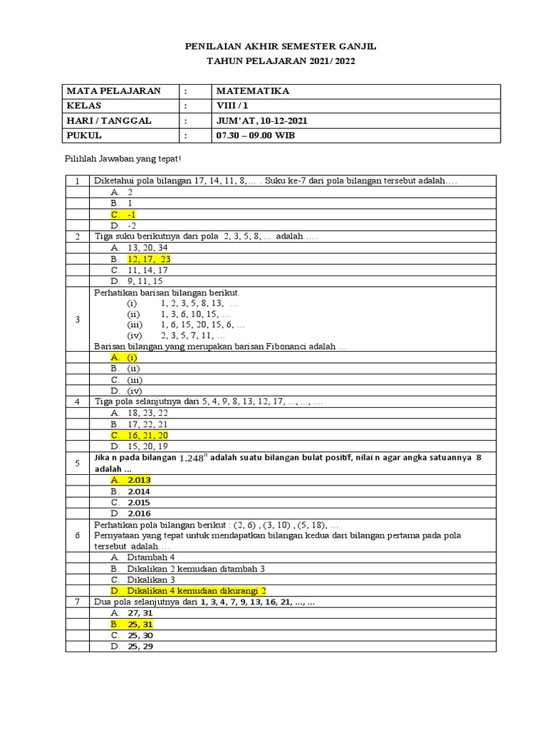 Naskah Soal Pas MTK - 8 - SMT 1 2021 Kunci | PDF