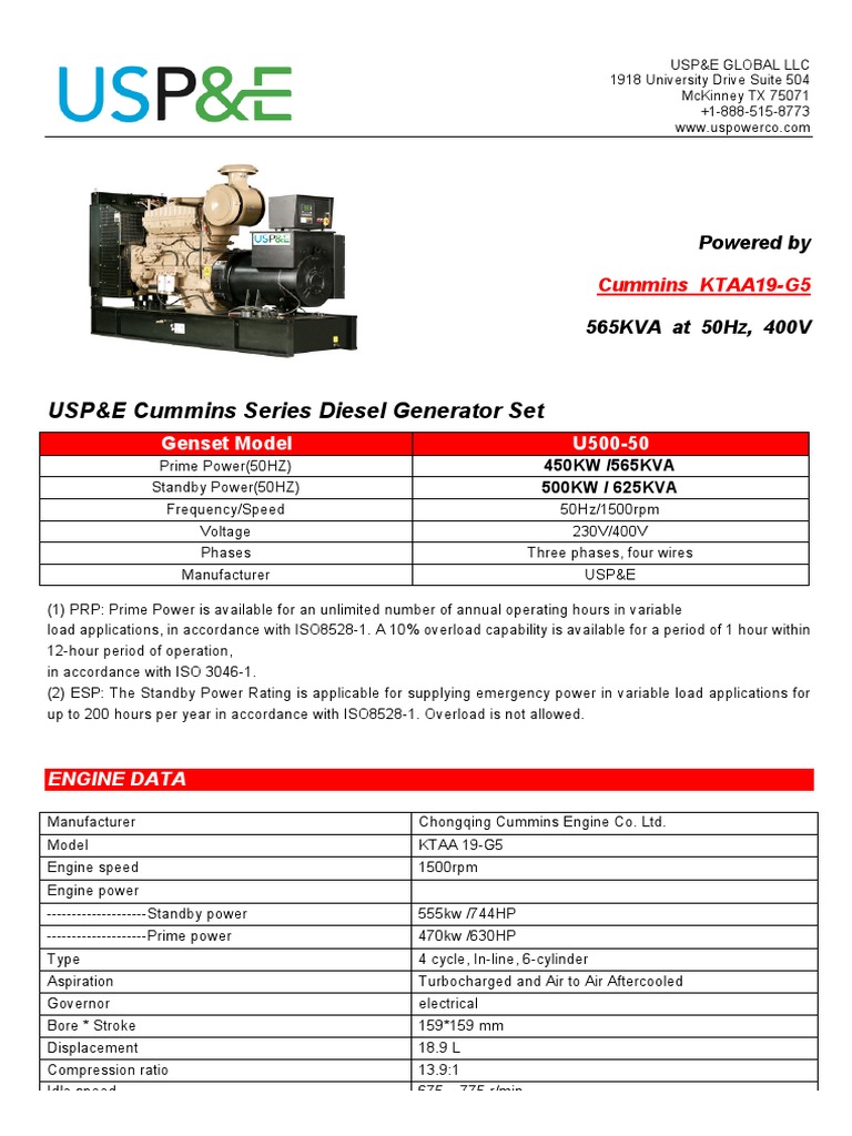 Data Sheet - Cummins - 625 Kva (Stand-By) | PDF