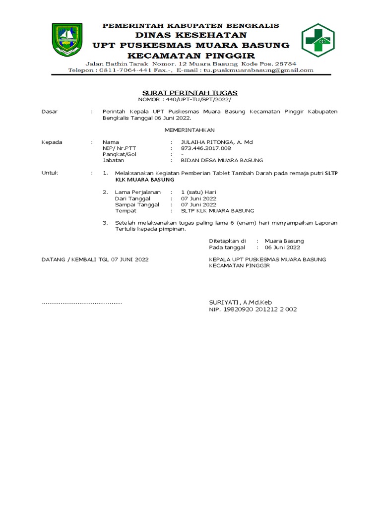 SPT Pelaksanaan Pemberian Tablet Tambah Darah Pada Remaja Putri SMP Sederajat Dan SMA Sederajat ...