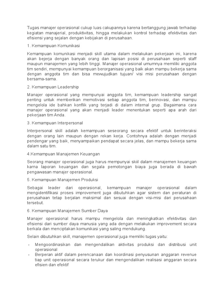 Tugas dan Keterampilan Manajer Operasional | PDF