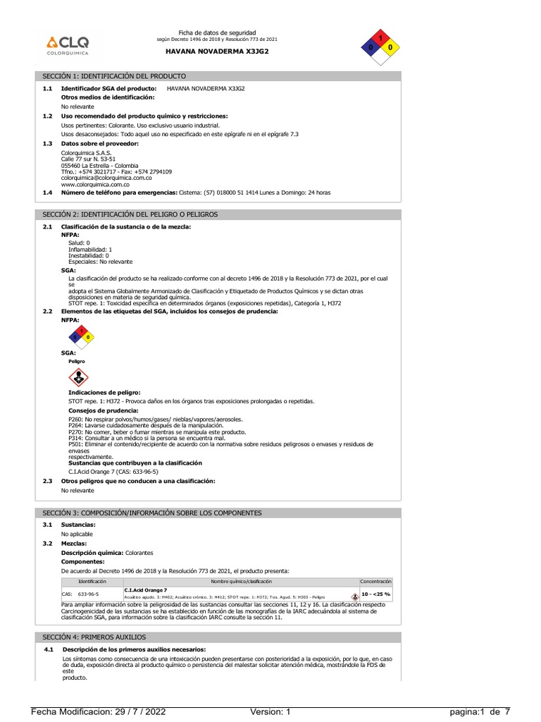 Ficha de Seguridad Havana Novaderma X3jg2sga SDS | PDF | Toxicidad | Agua
