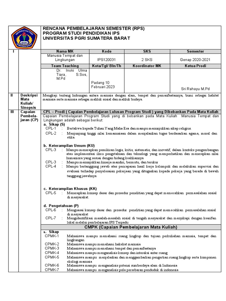 RPS Manusia Tempat Dan Lingkungan Semester Genap 2020 2021 | PDF