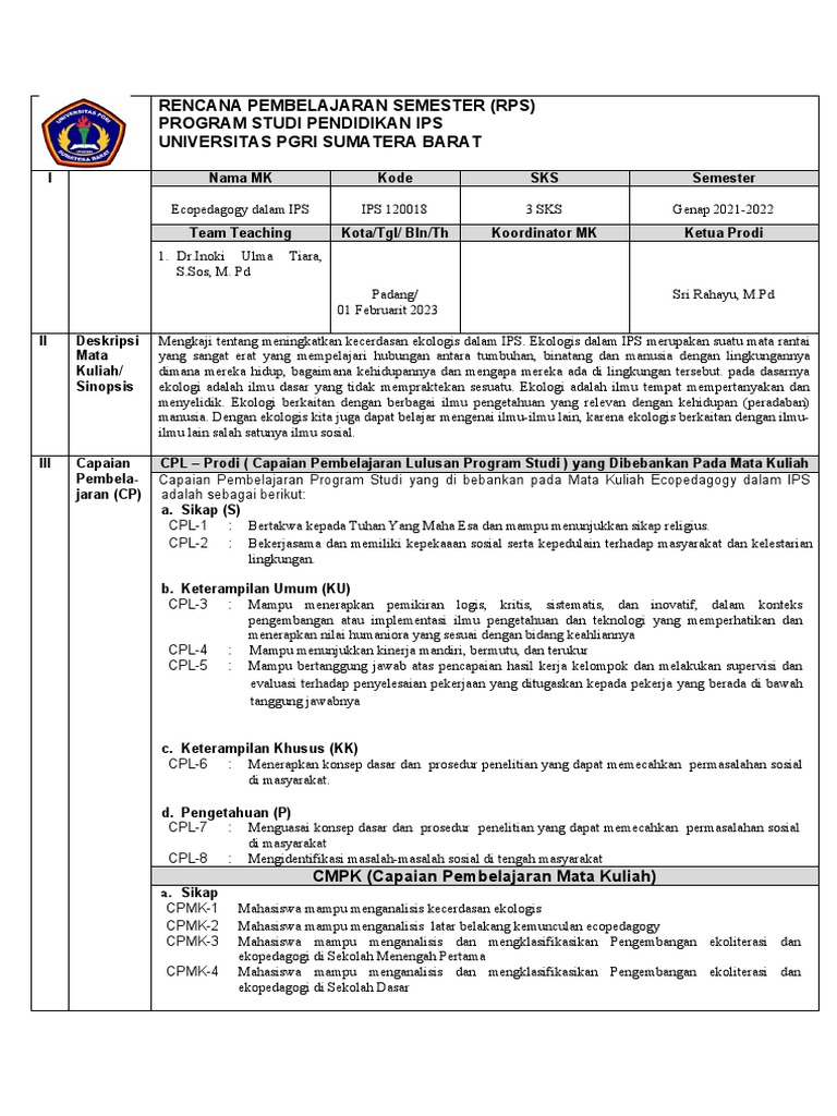 RPS Ecopedagogy IPS Genap 2023-2024 | PDF