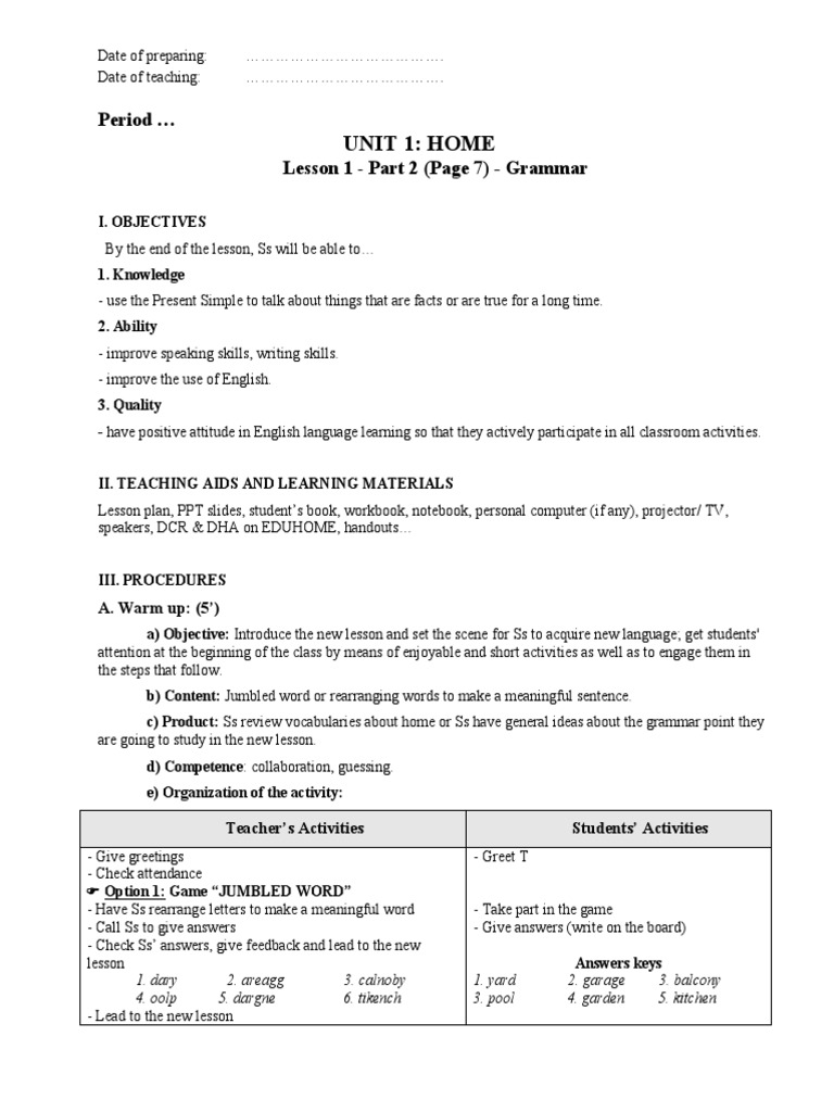 UNIT 1 - LESSON 1 - PART 2 - Grammar | PDF | Teachers | Cognitive ...