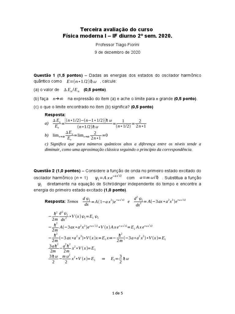 AA3 Gabarito | PDF | Mecânica Quântica | Quantidades físicas