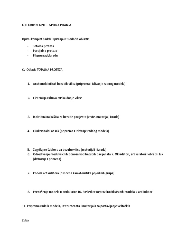 Protetika - Pretklinika (Pitanja Za Teorijski Ispit) | PDF
