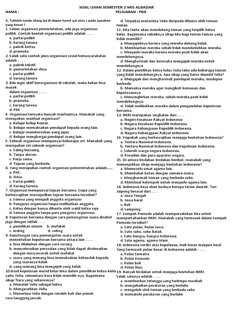Soal Ujian Semester 2 Mis Albadar | PDF