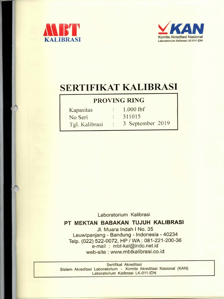 Sertifikat Kalibrasi Proving Ring Kap. 1000 LBF PT. MBTK | PDF