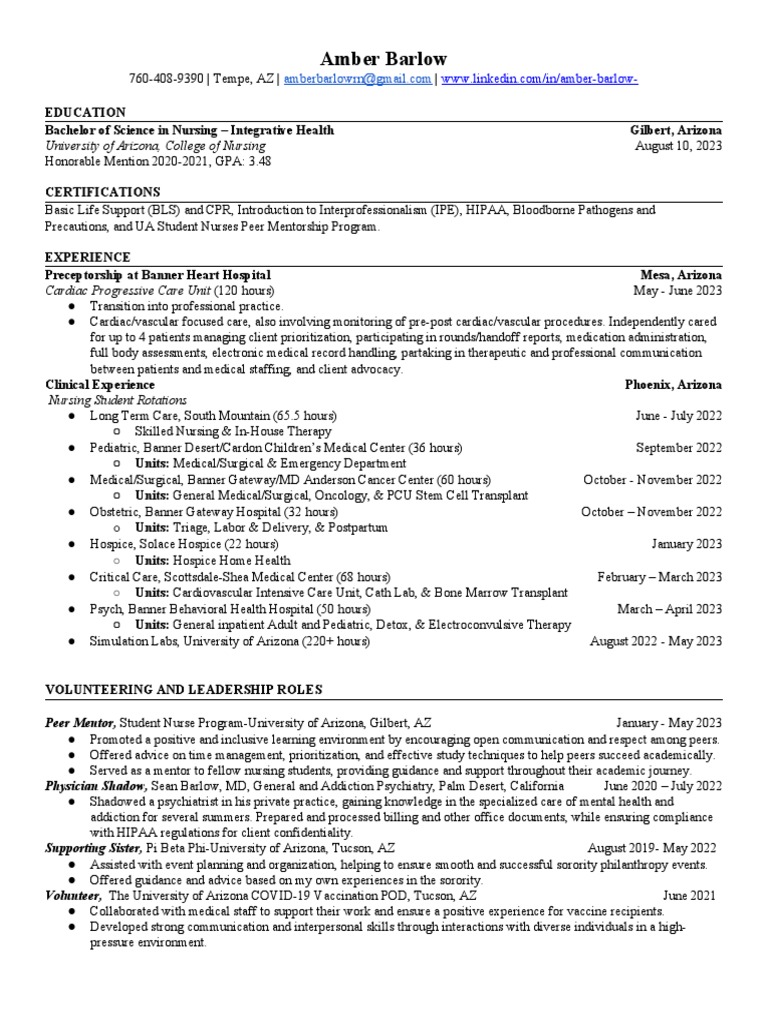 Amber Barlow Nursing Resume | PDF
