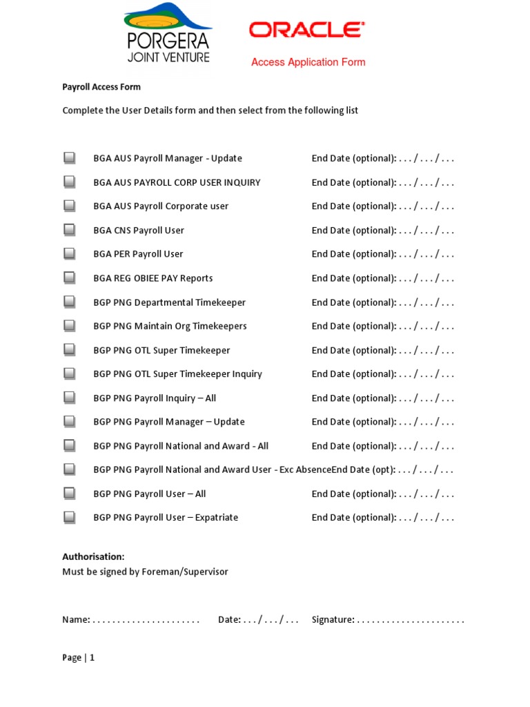 PJV Oracle Access Request Form Payroll Access | PDF | Computers