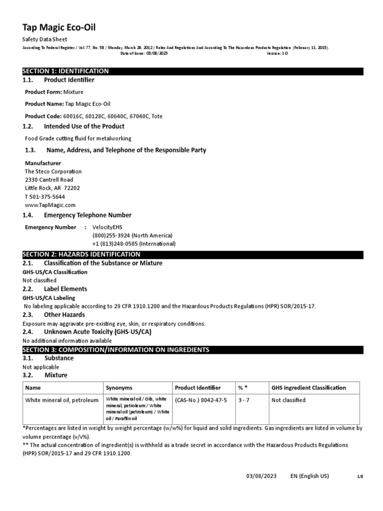 Tap Magic Eco-Oil Safety Data Sheet | PDF | Workplace | Chemistry