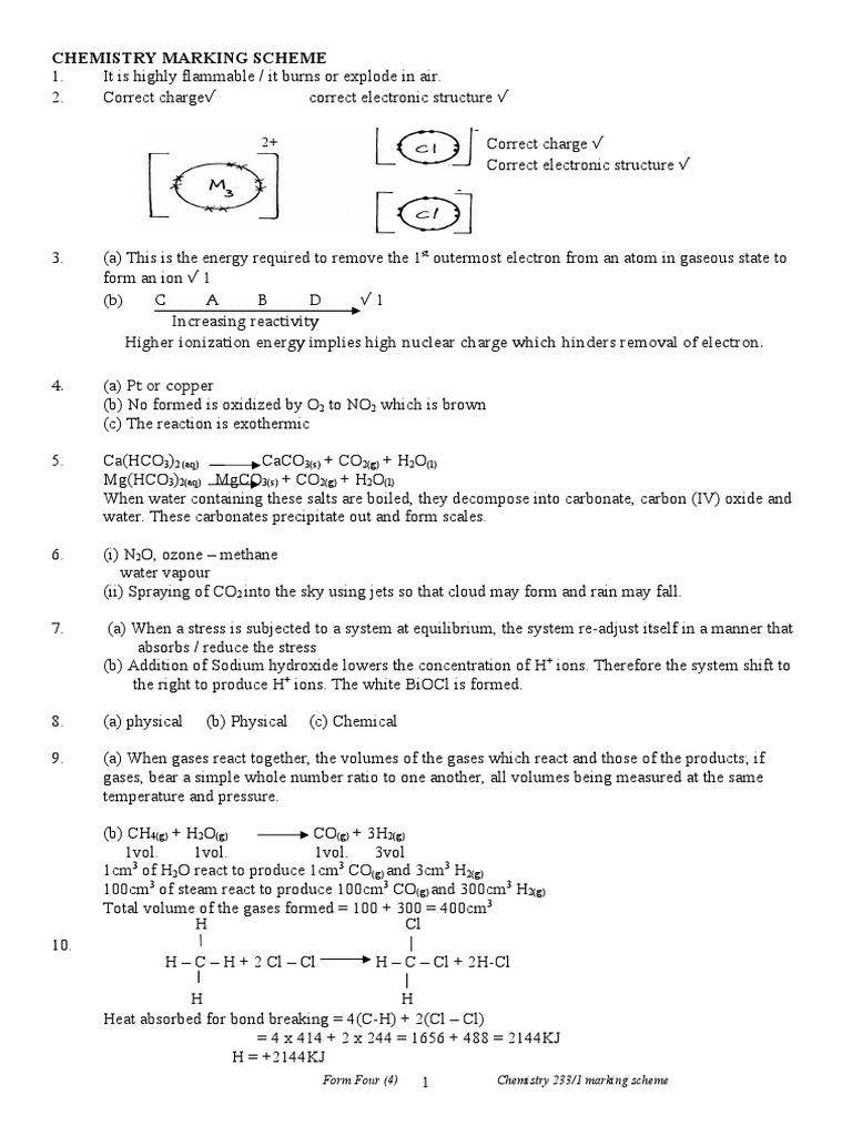 Form Four (4) Chemistry 233/1 Marking Scheme | PDF | Methane | Chemical Reactions