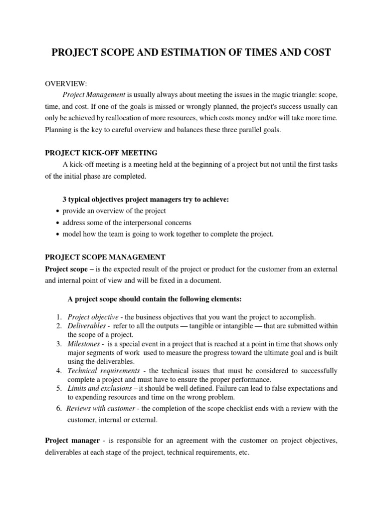 Project Scope And Estimation Of Times And Cost Pdf