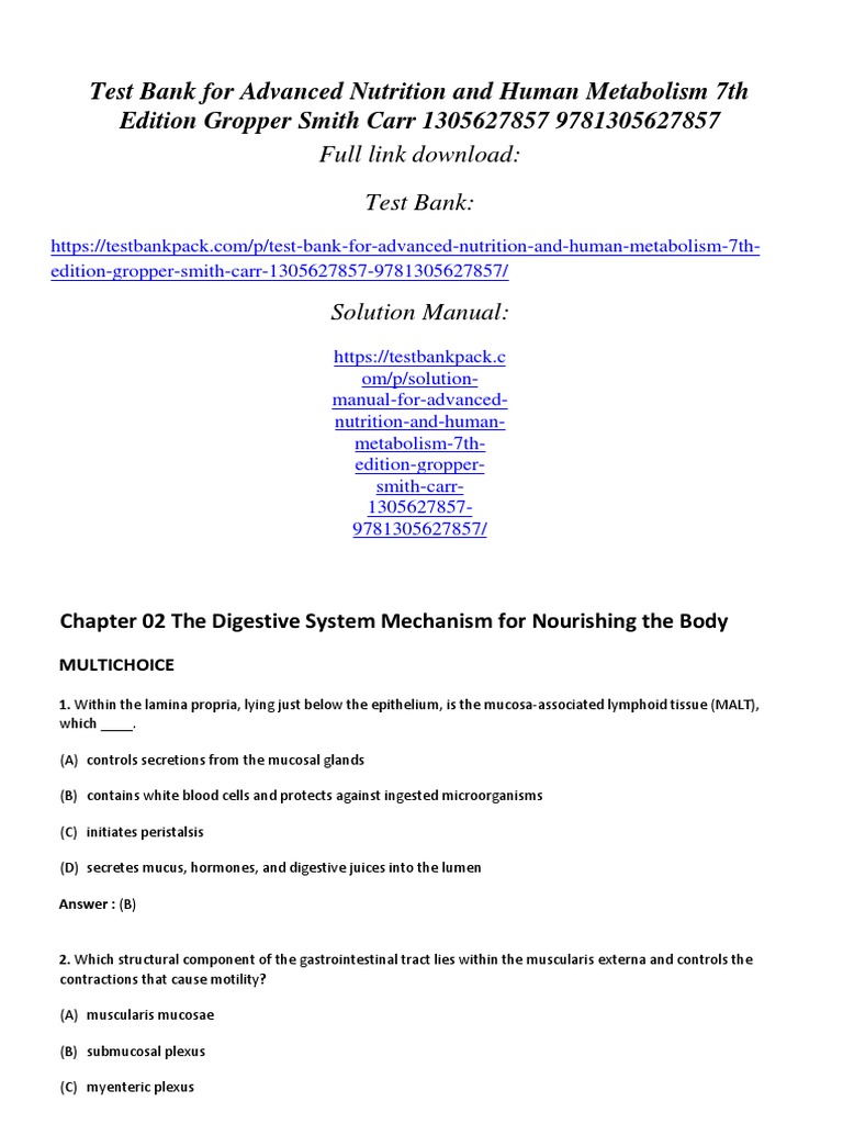 Test Bank For Advanced Nutrition and Human Metabolism 7th Edition ...