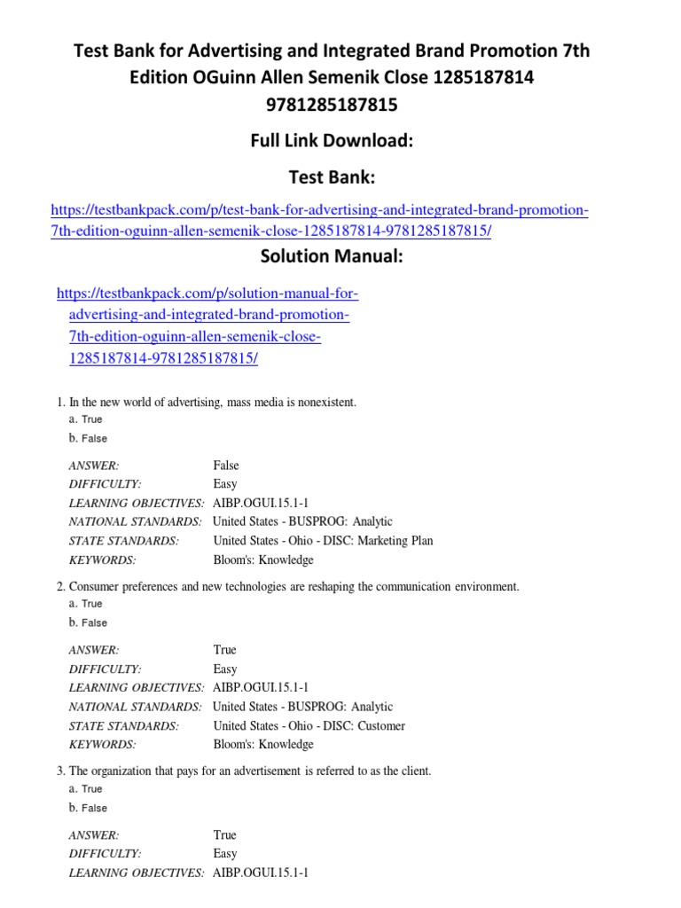 Test Bank For Advertising and Integrated Brand Promotion 7th Edition ...