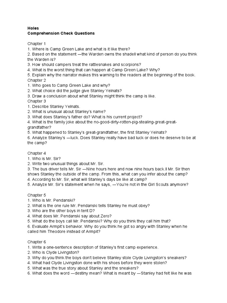 Holes - Comprehension Check Questions | PDF