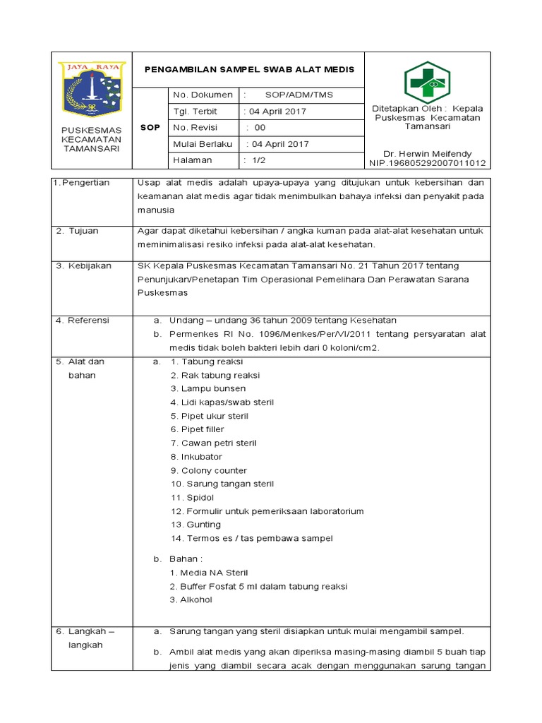 Sop Swab Alat Medis | PDF