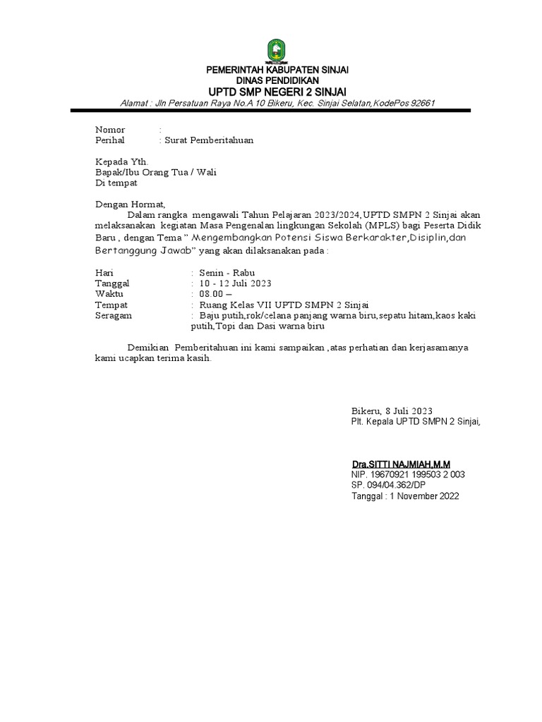 Surat Pemberitahuan MPLS | PDF