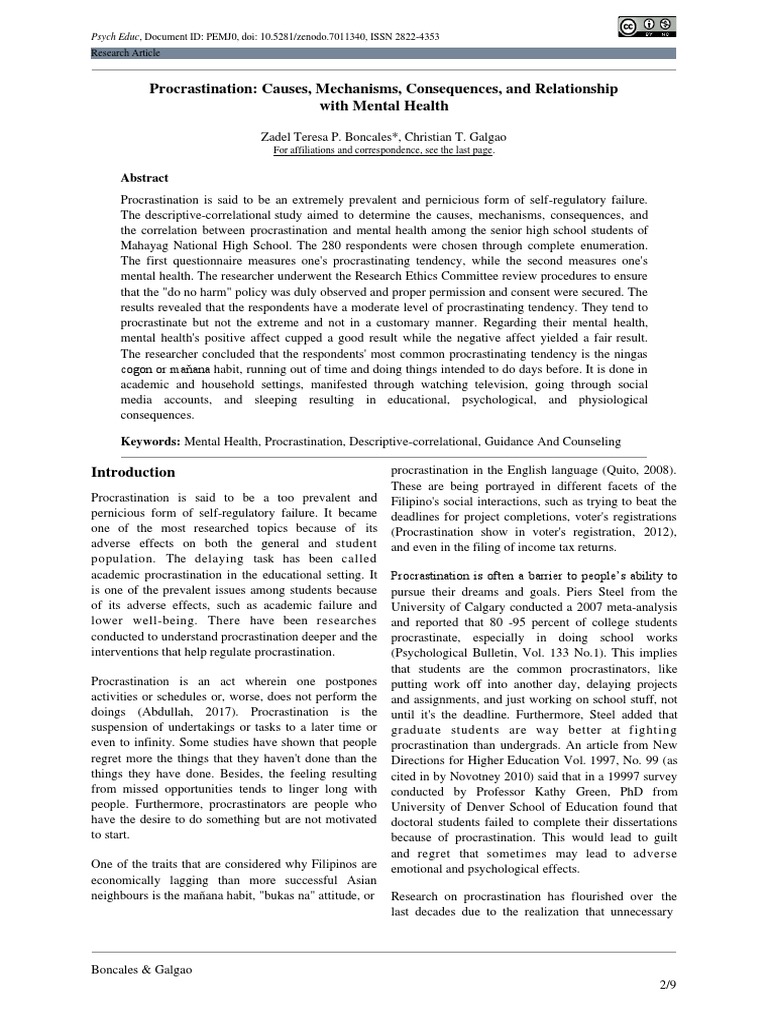 Procrastination: Causes, Mechanisms, Consequences, and Relationship ...