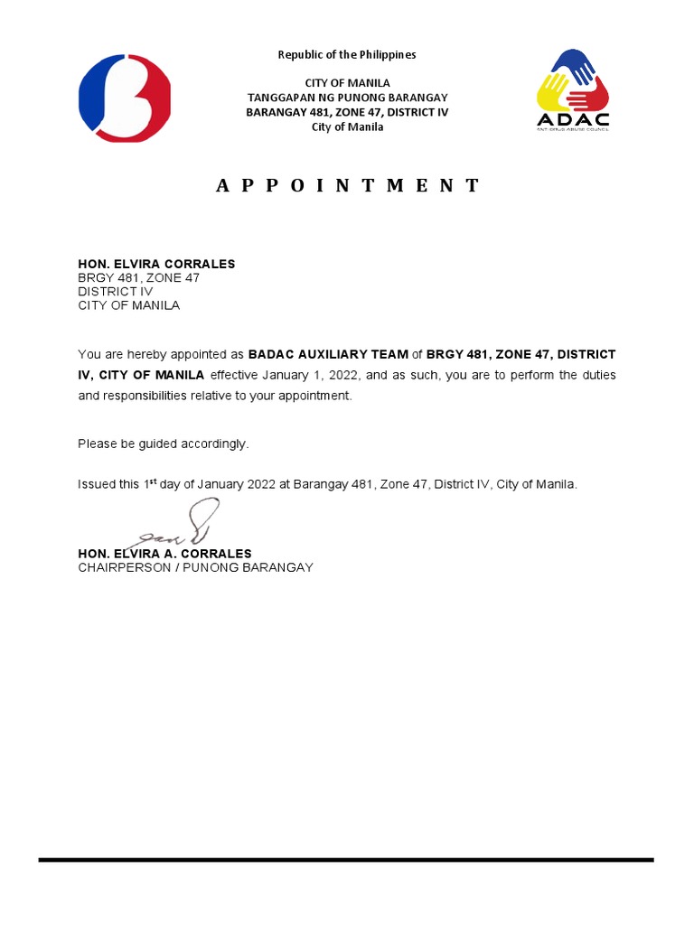 BADAC Auxiliary Appointment Manila | PDF
