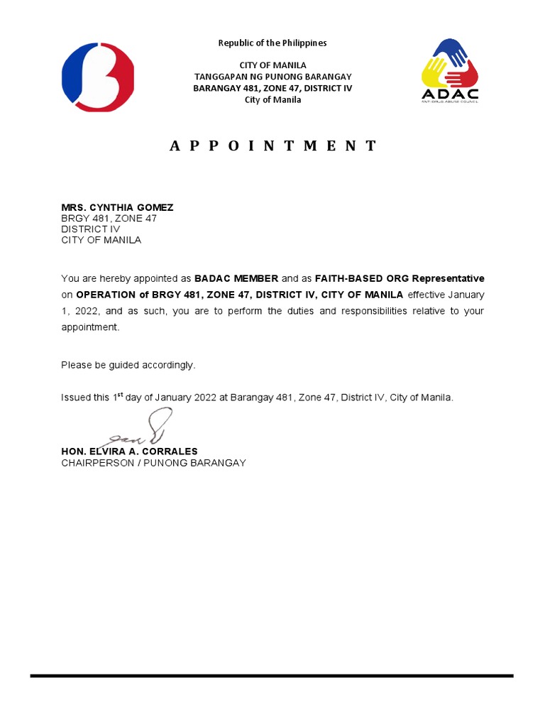 BADAC Appointment for Cynthia Gomez | PDF