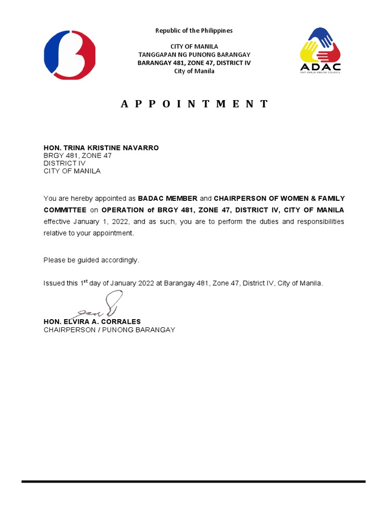 Badac Appointment Letter - Trina Navarro | PDF