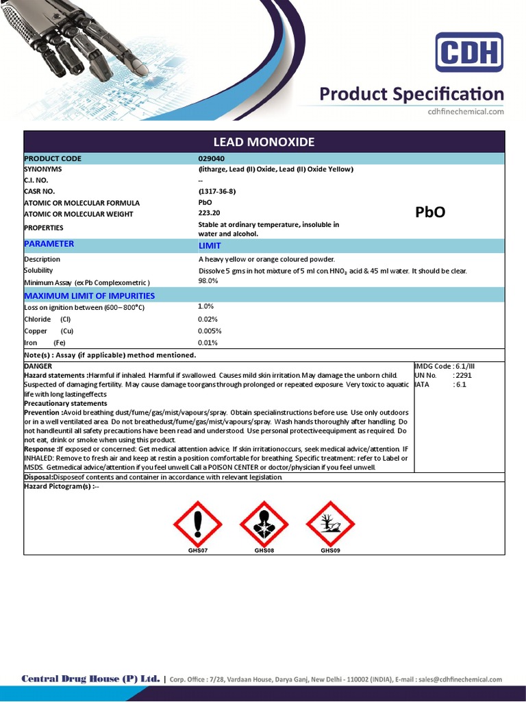 Lead Monoxide Safety and Specifications | PDF