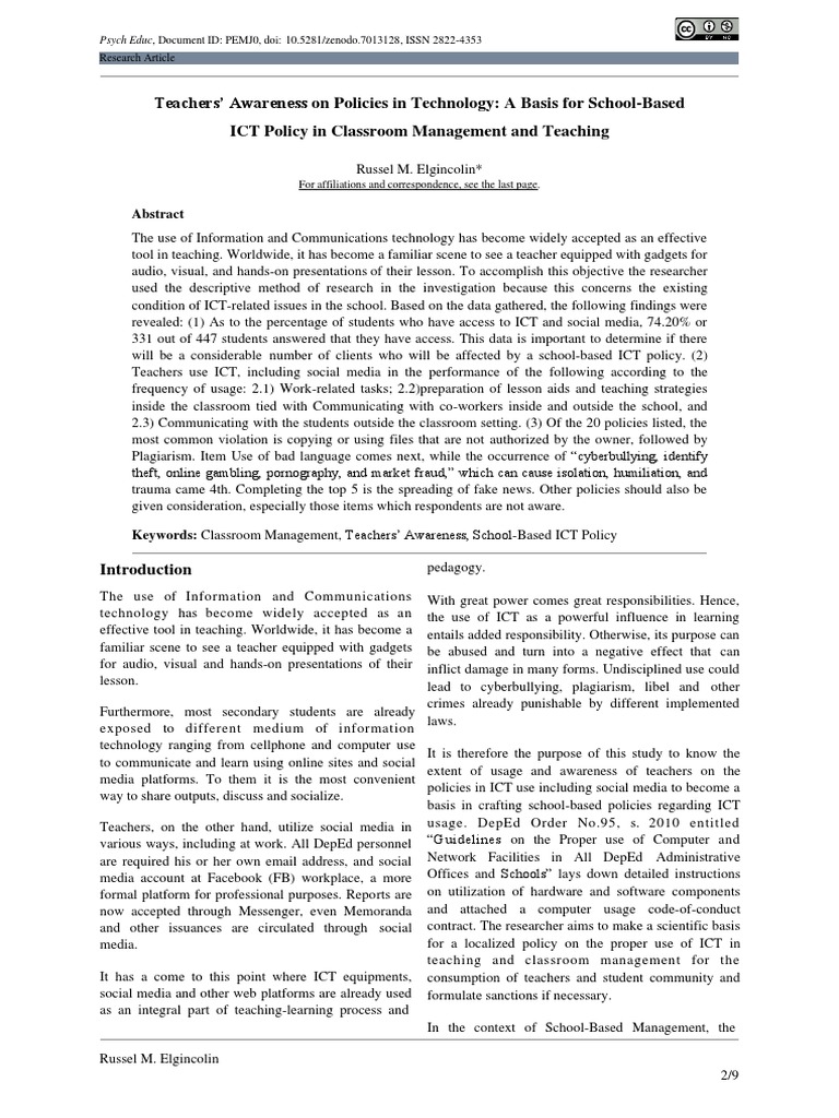 Teachers' Awareness On Policies in Technology: A Basis For School-Based ...