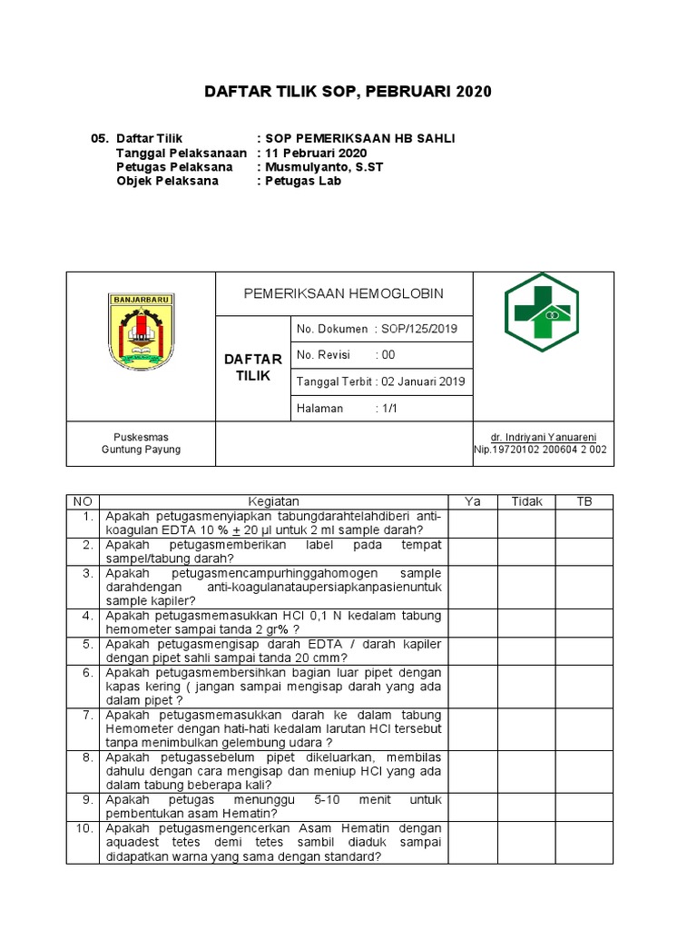 Daftar Tilik Pemeriksaan Hemoglobin | PDF