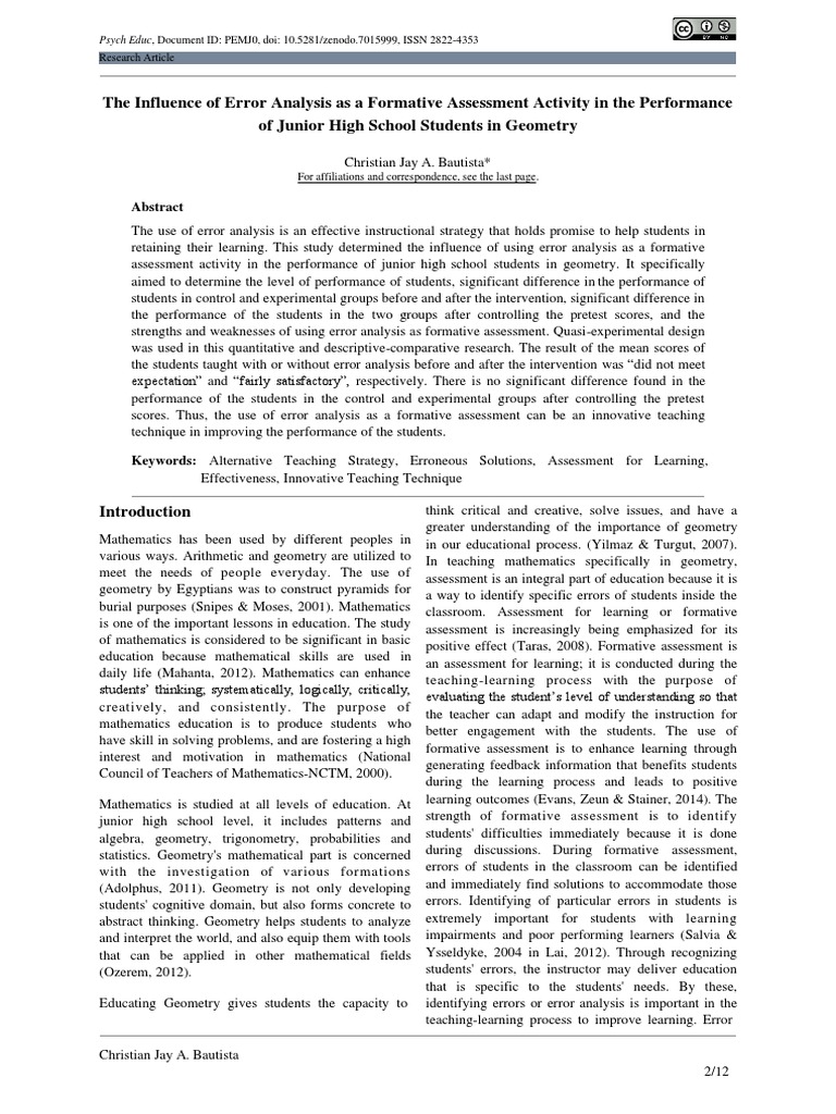 The Influence of Error Analysis As A Formative Assessment Activity in The Performance of Junior ...