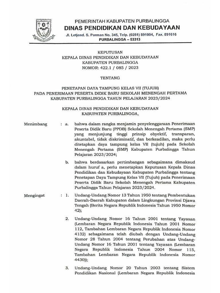 PENETAPAN DAYA TAMPUNG PPDB SMP 2023 | PDF