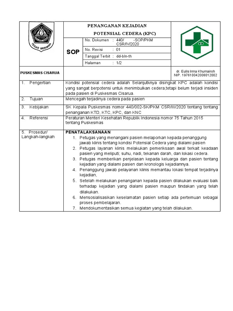 Sop Kondisi Potensial Cedera (KPC) | PDF