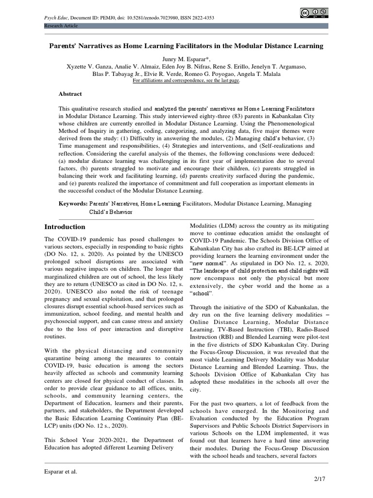 Parents' Narratives As Home Learning Facilitators in The Modular Distance Learning | PDF ...