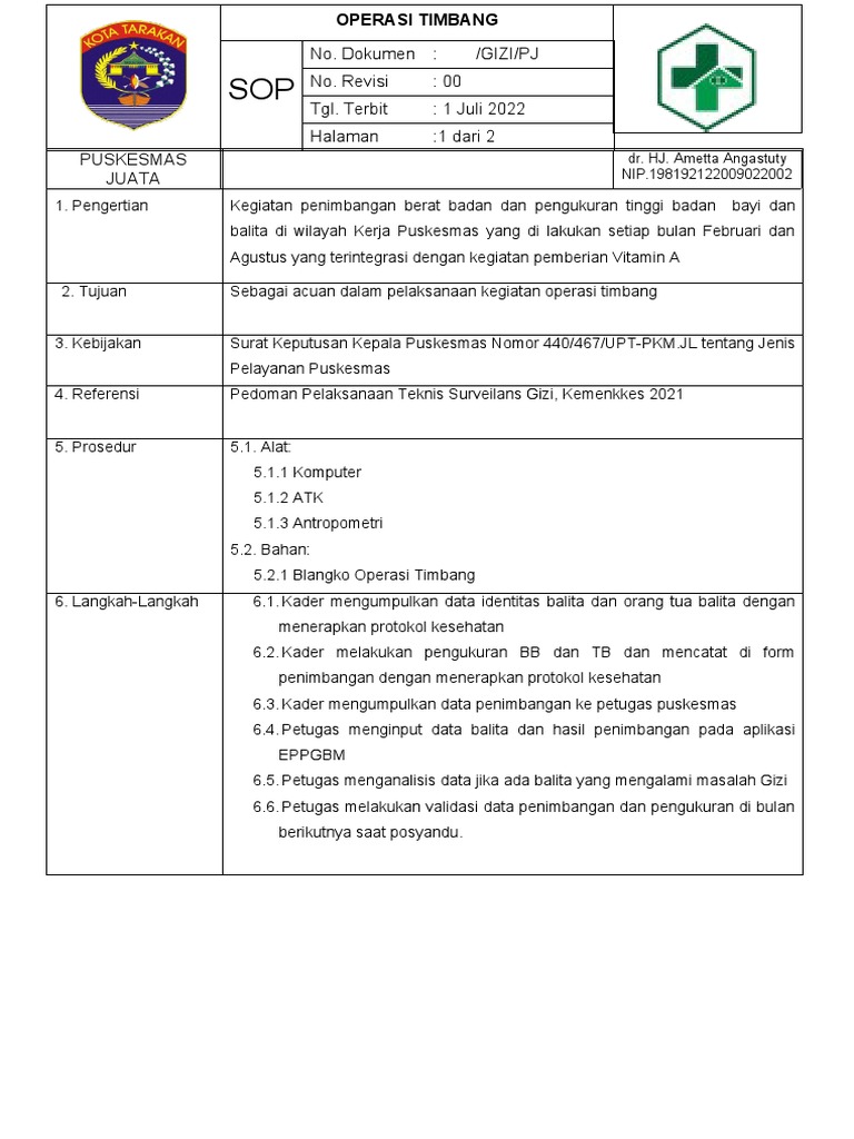 SOP Operasi Timbang Balita Puskesmas | PDF | Teknologi & Rekayasa