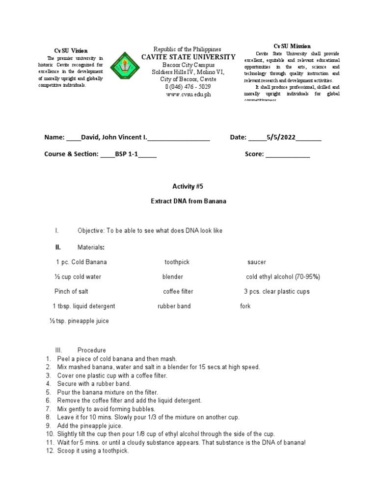 Lab. Activity #5. Extract DNA From Banana | PDF