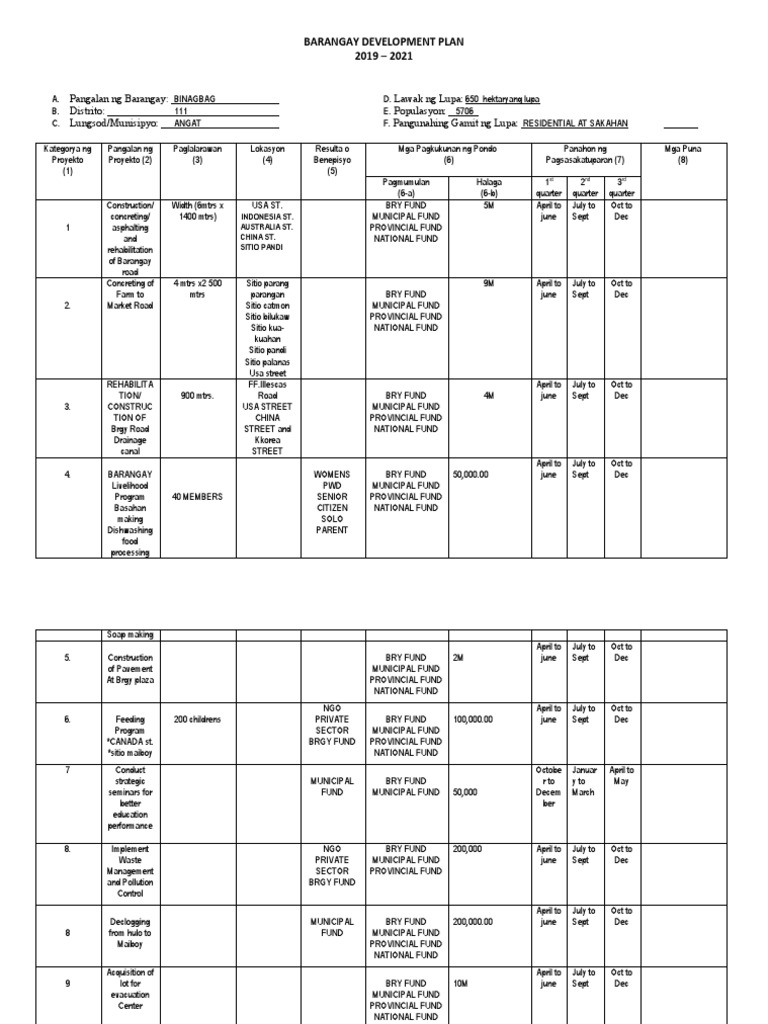 Barangay Binagbag Development Plan 2019-2021 | PDF