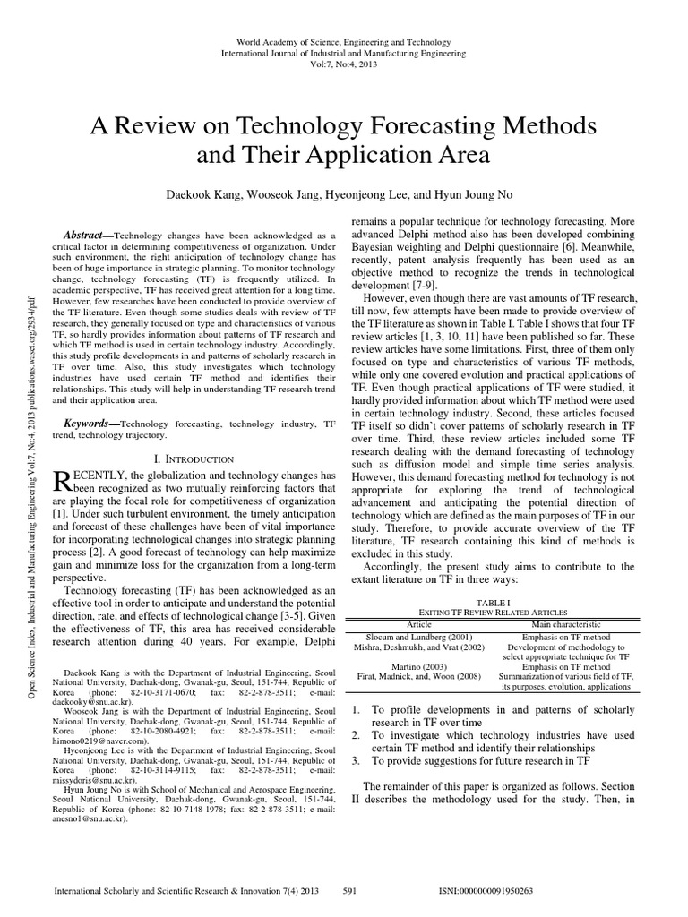 A Review On Technology Forecasting Methods and Their Application Area | PDF