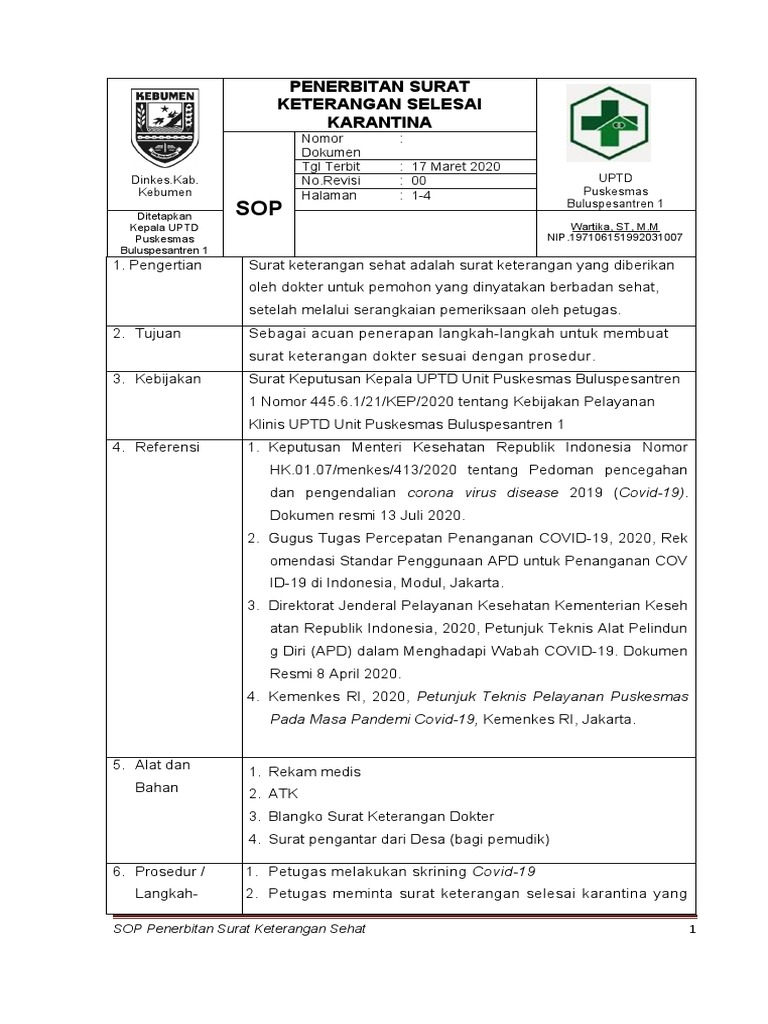 SOP PEMBUATAN Surat Selesai Karantina | PDF | Hukum